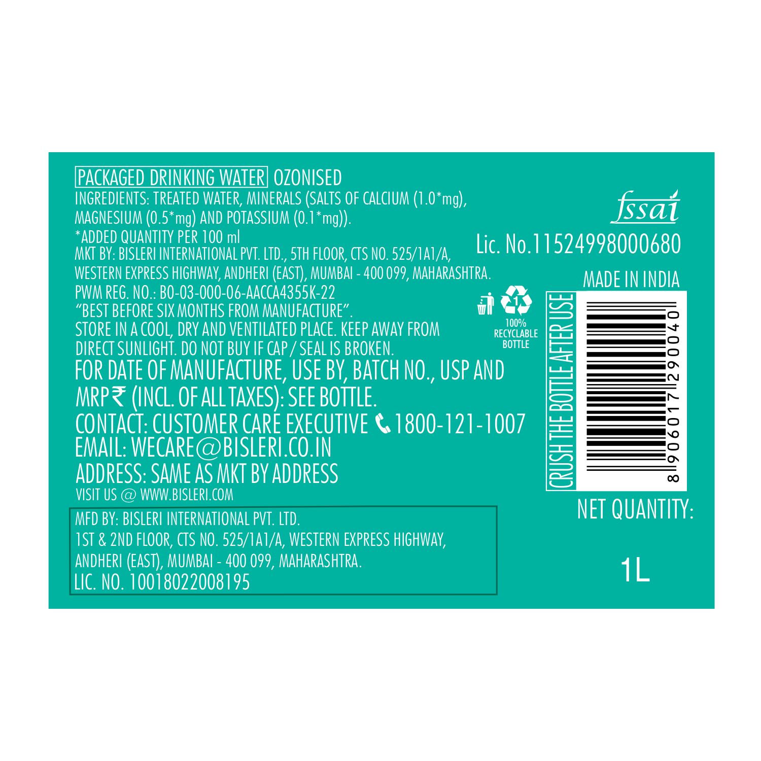 Buy 1 Litre Water Bottles Online at Best Price - Bisleri